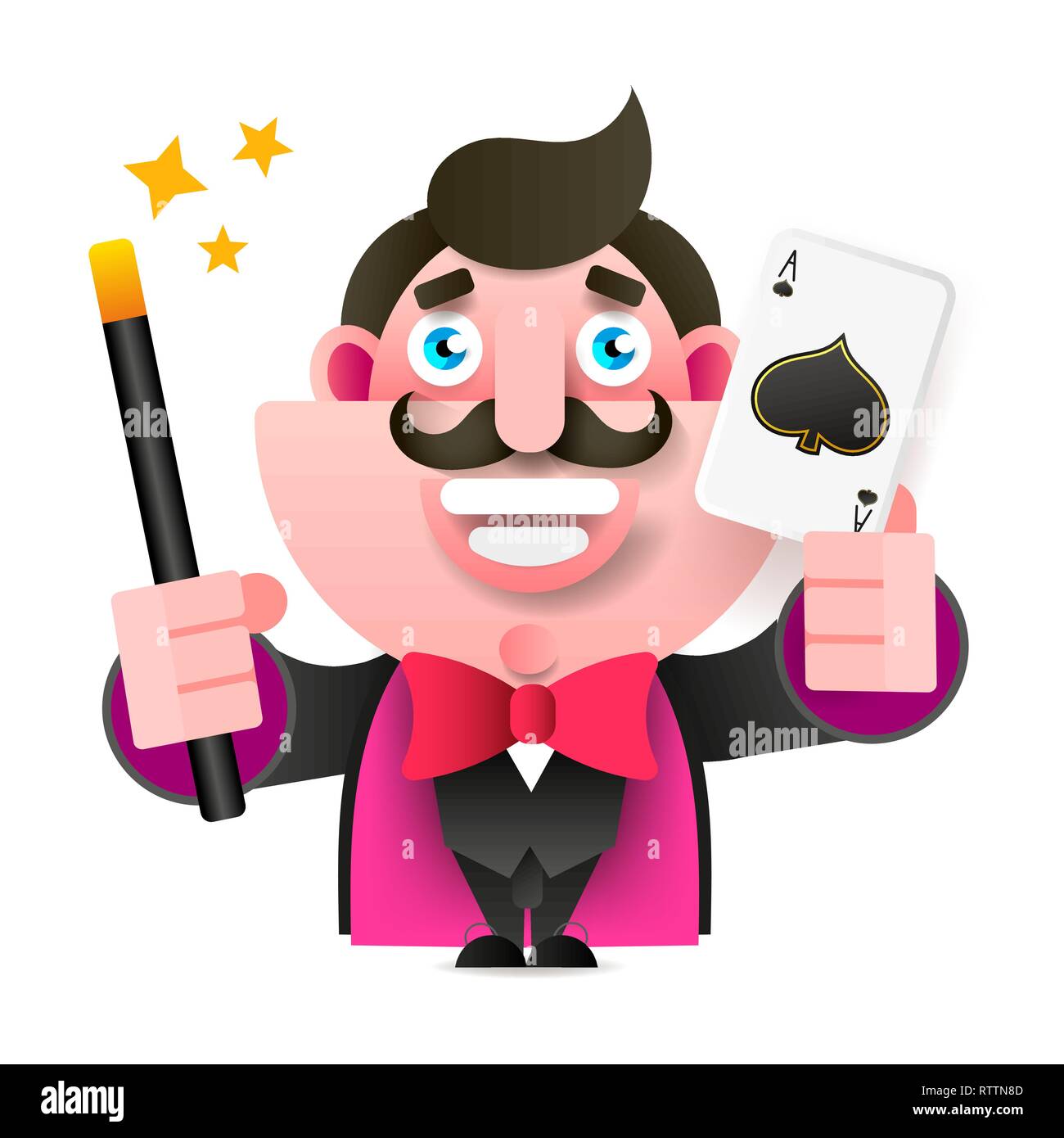 Magician With Magic Wand And Card In Hand Vector Illustration On White ...