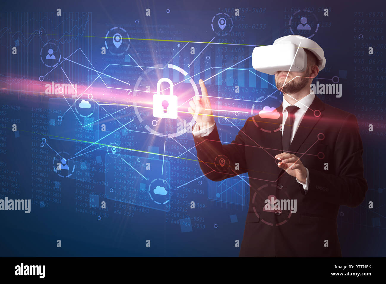 Businessman with DJI goggles controlling 3D illustrated network, and ...