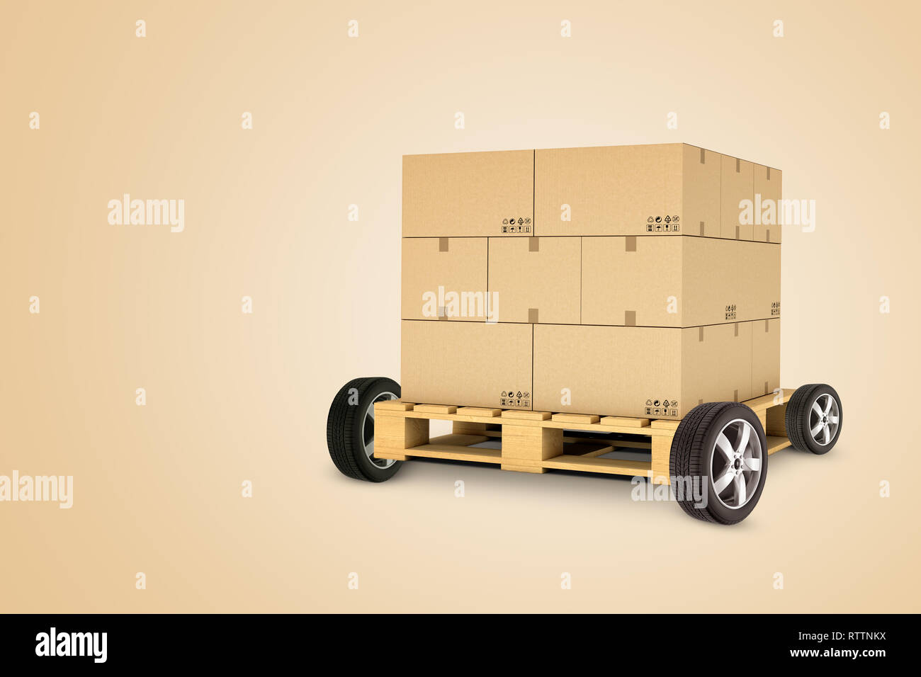 3d rendering of wooden pallet on wheels with carton boxes on it on ...
