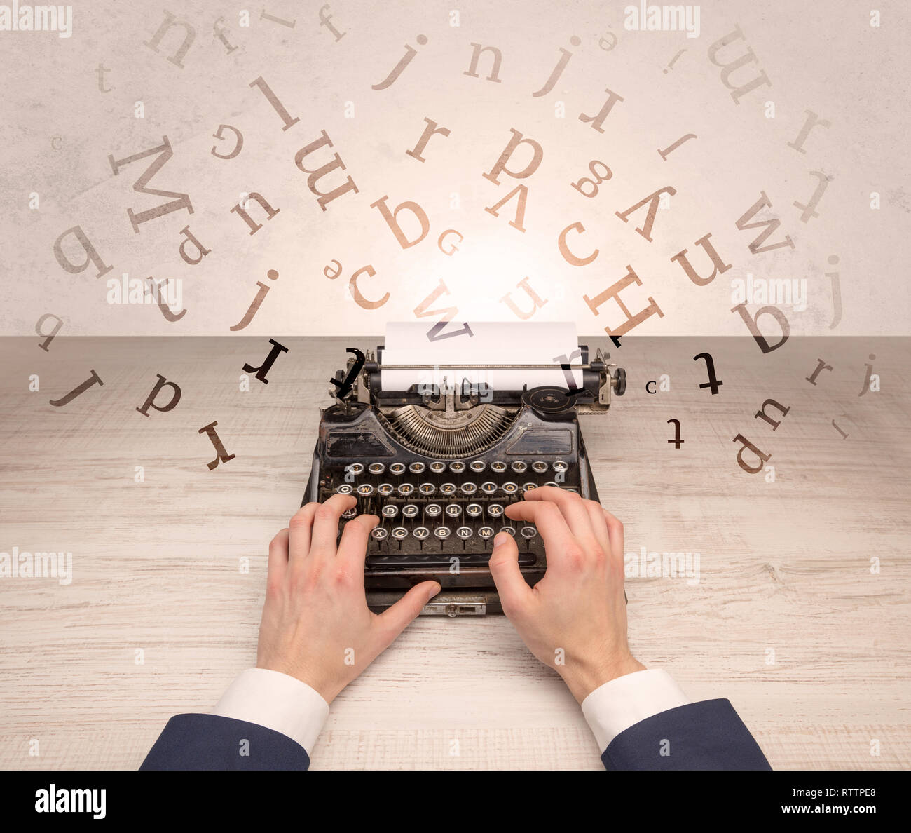 First person perspective elegant hand writing on typewriter with flying ...