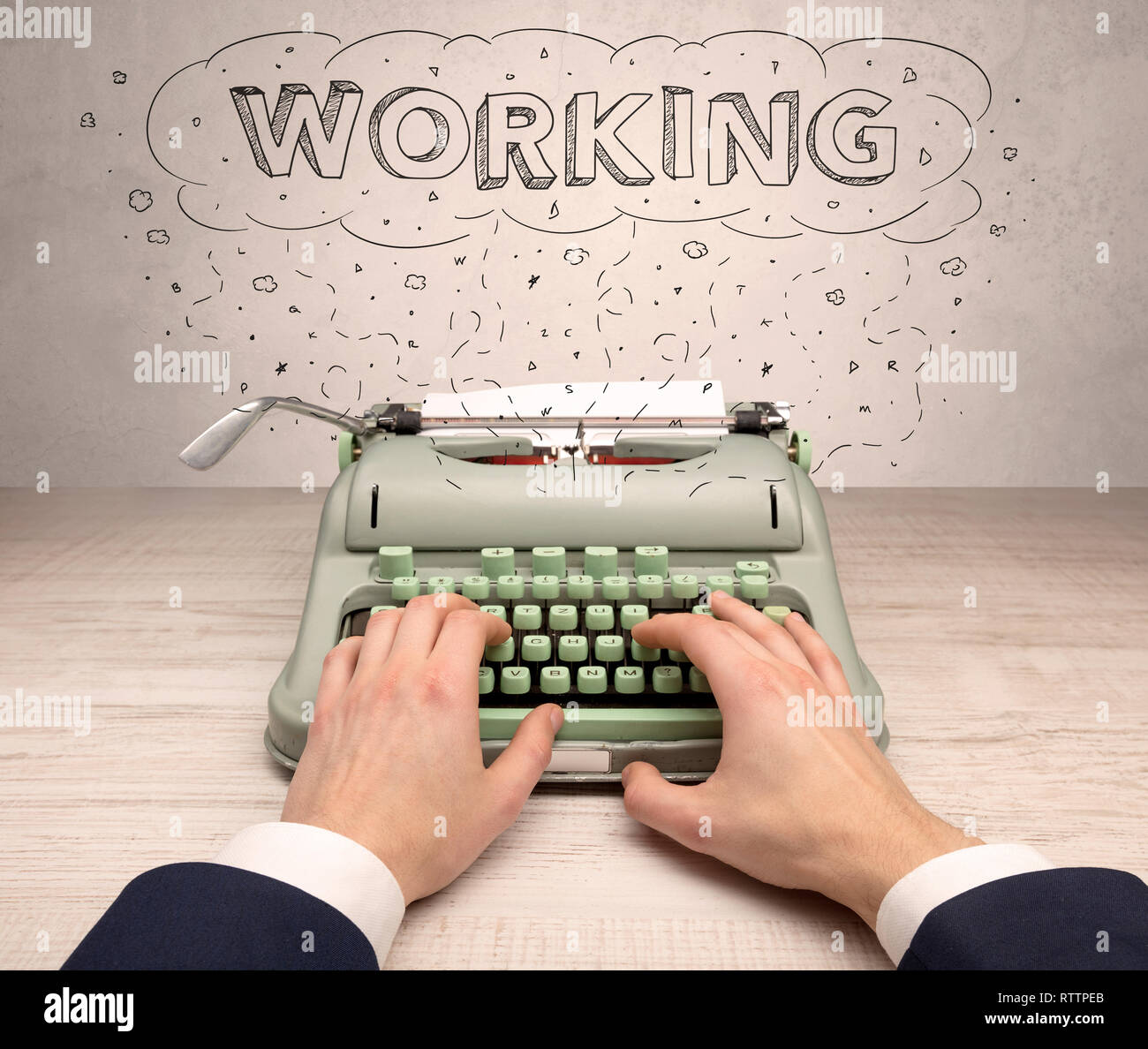 First person perspective hand writing on typewriter with cloud message ...