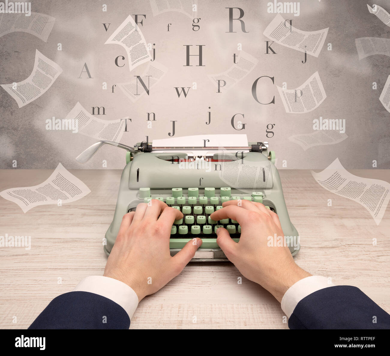First person perspective hand typewriting with flying documents around ...