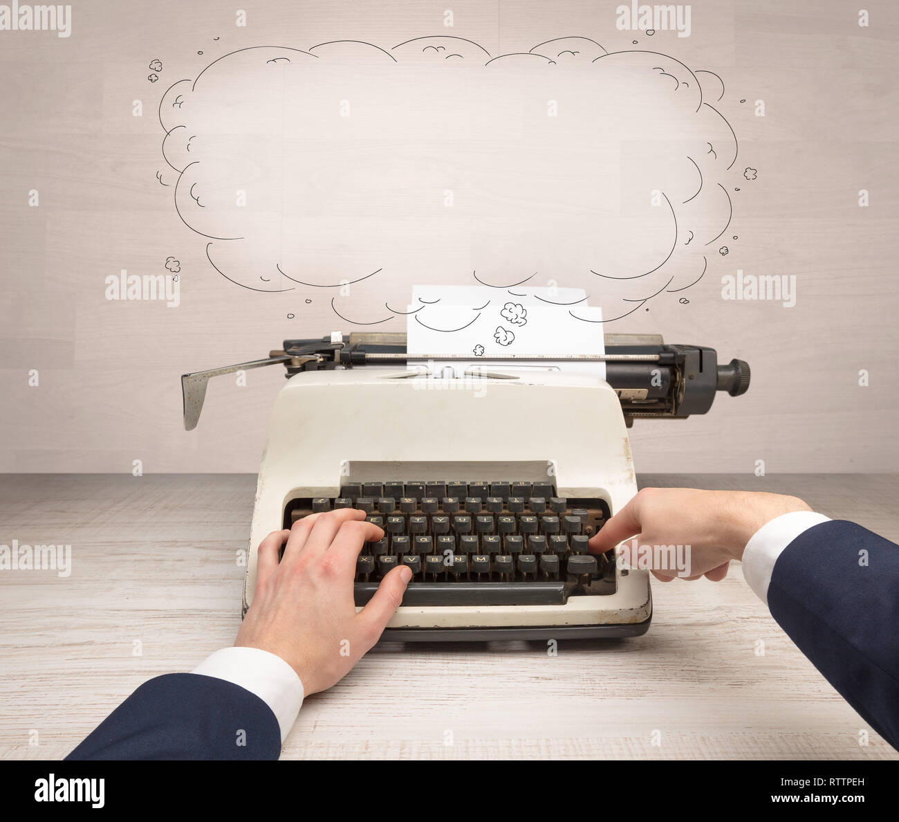 Typewriter with doodles, idea, message, plane, car balloon social media ...