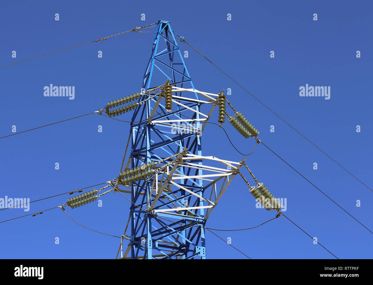 Intermediate anchor pole of power line with high voltage wires Stock ...