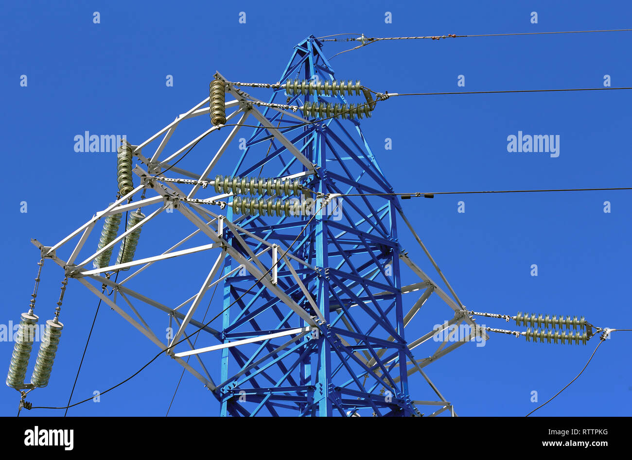 Intermediate anchor pole of power line with high voltage wires Stock ...