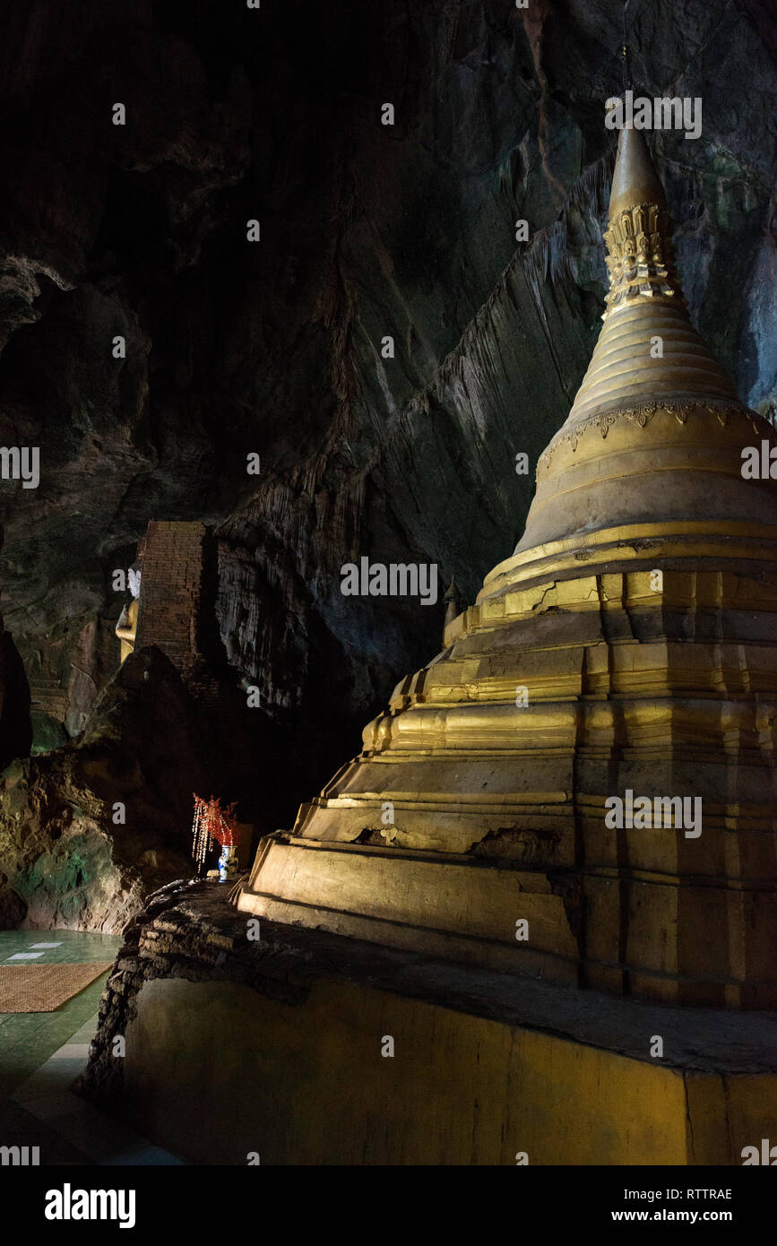 HPA-AN, MYANMAR - 19 NOVEMBER, 2018: Vertical picture of golden pagoda ...