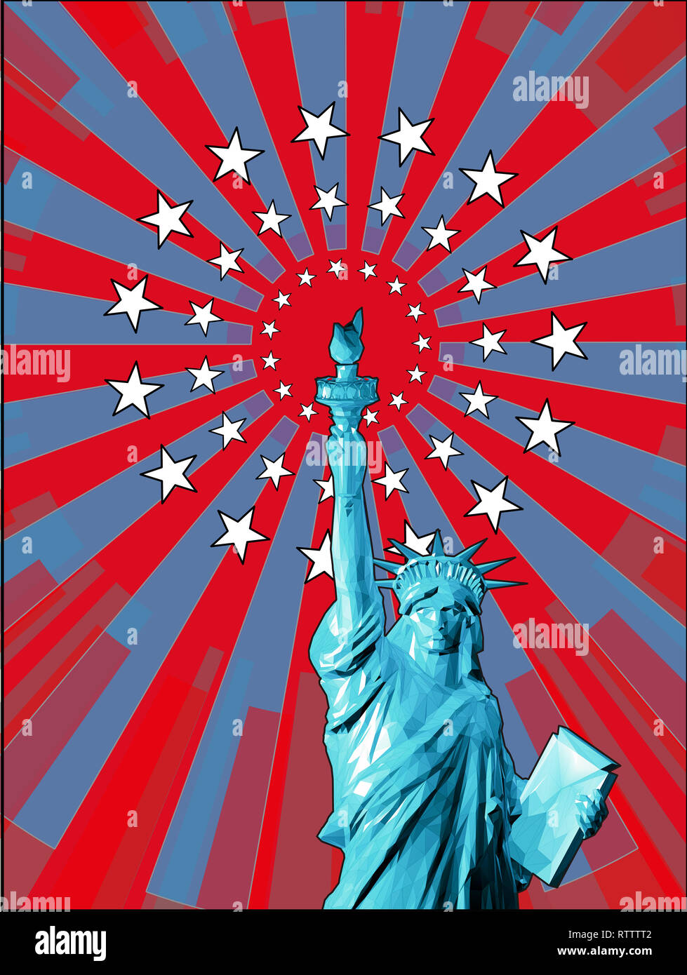 Low poly liberty in front view on colorful shine with star background ...