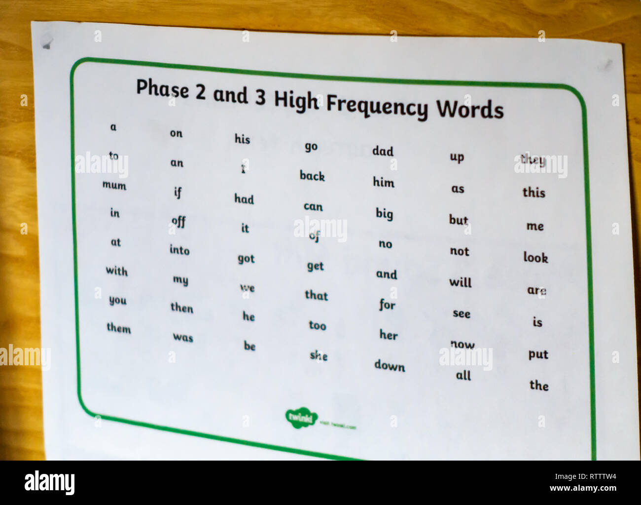 Young childs High Frequency Words poster on a wall Stock Photo - Alamy