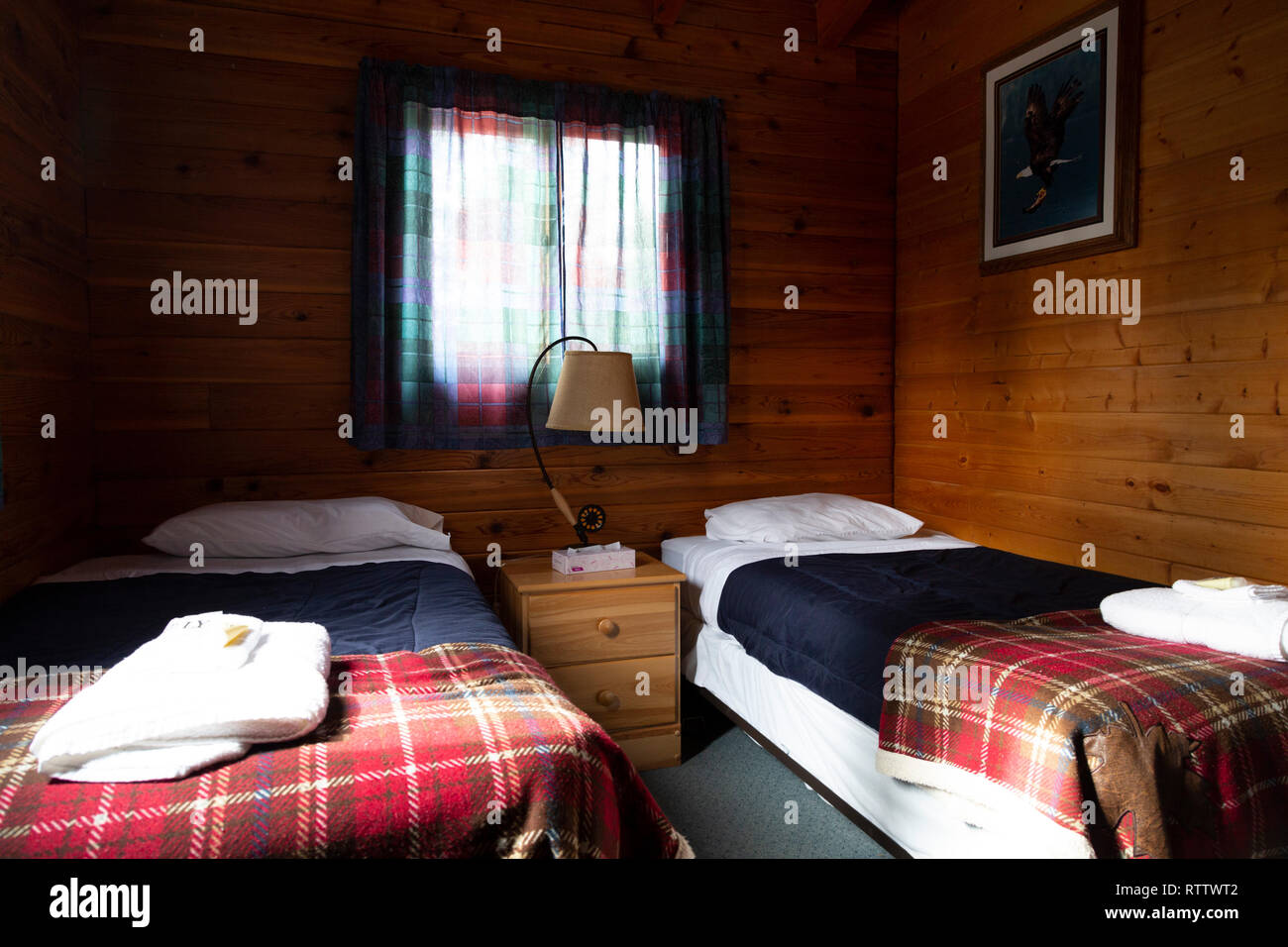 The interior of a wood cabin at a fishing and adventure camp in ...