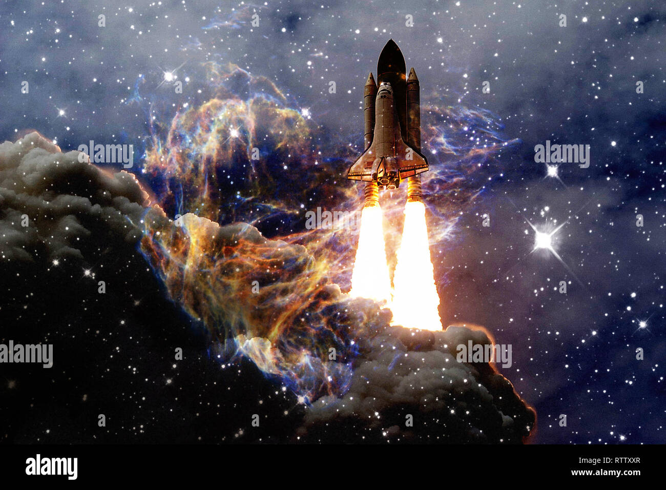 Space shuttle taking off on a mission. Deep space. Beauty of endless ...