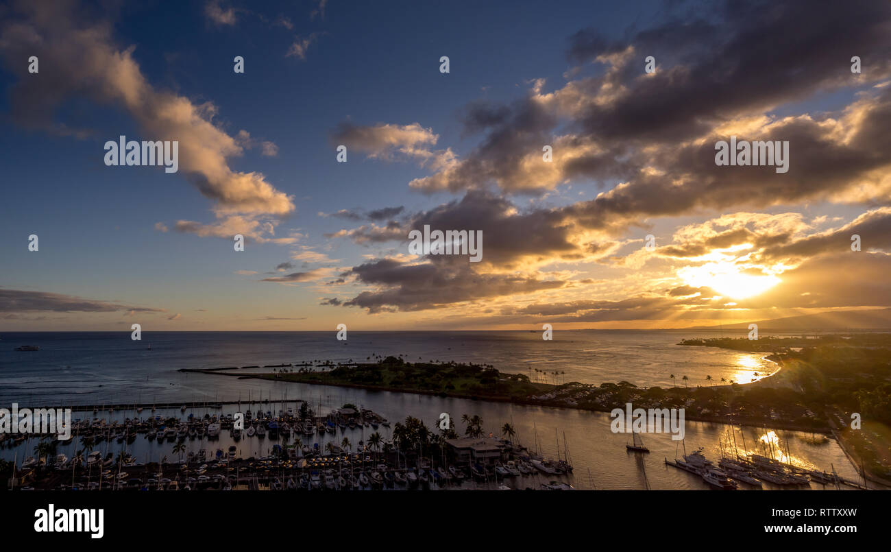 Panoramic view of the Ala Wai Boat Harbor and Magic Island Lagoon in ...