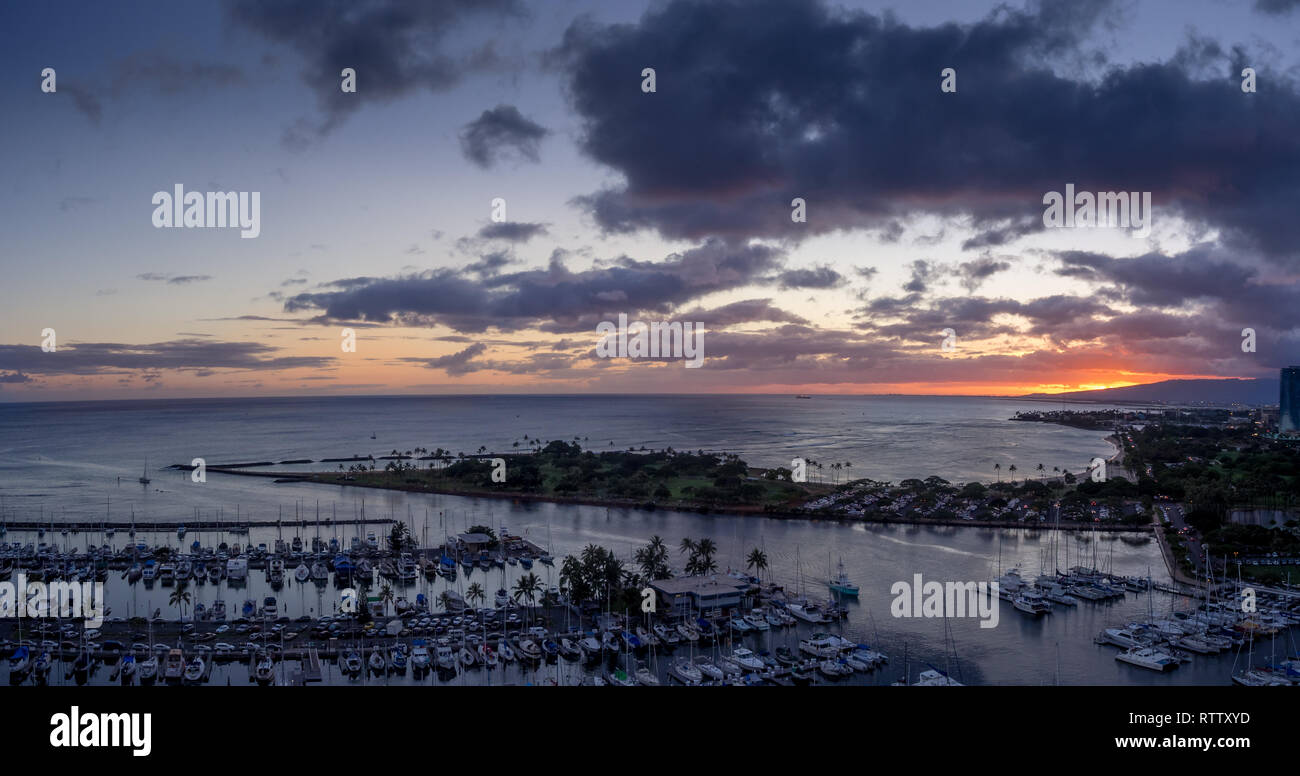 Panoramic view of the Ala Wai Boat Harbor and Magic Island Lagoon in ...