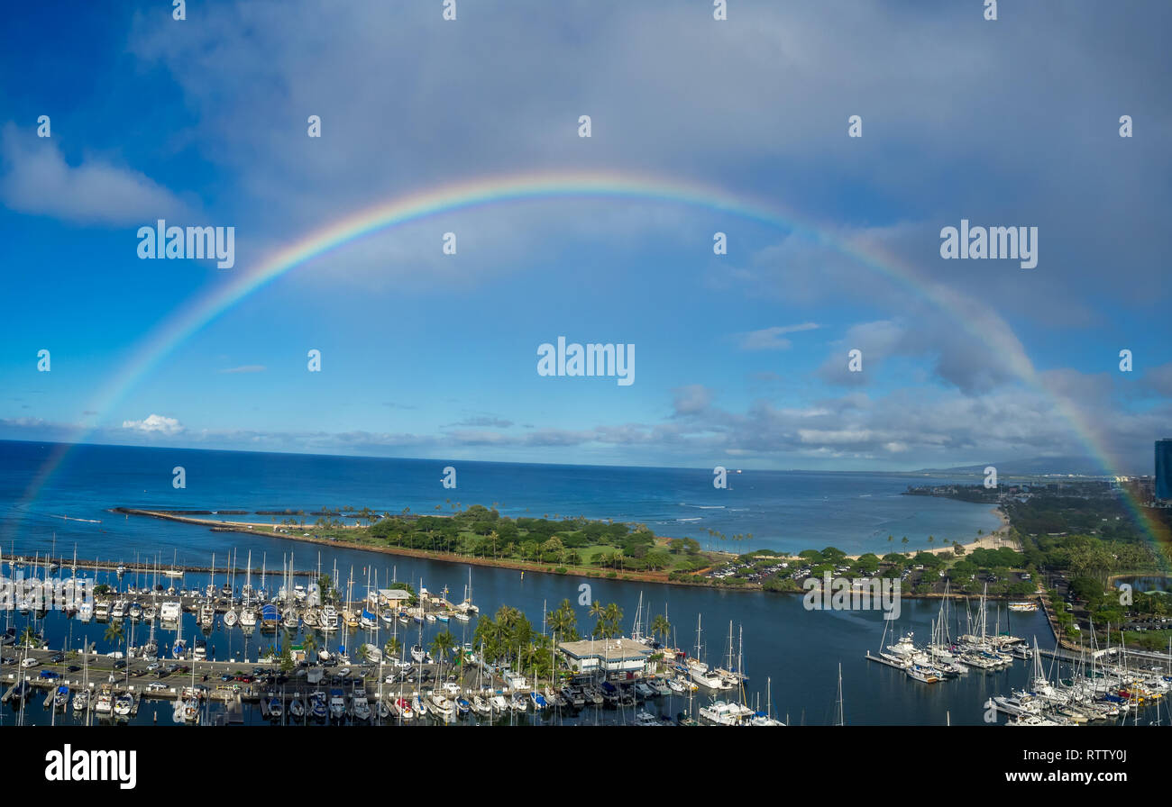 Panoramic view of the Ala Wai Boat Harbor and Magic Island Lagoon in ...