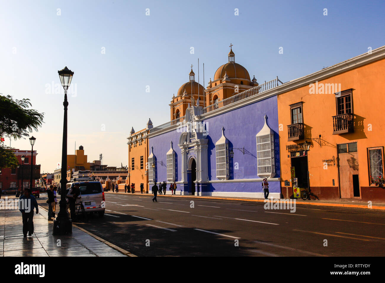 Trujillo, Peru, July 2018: Colored buildings next to the cathedral, in ...