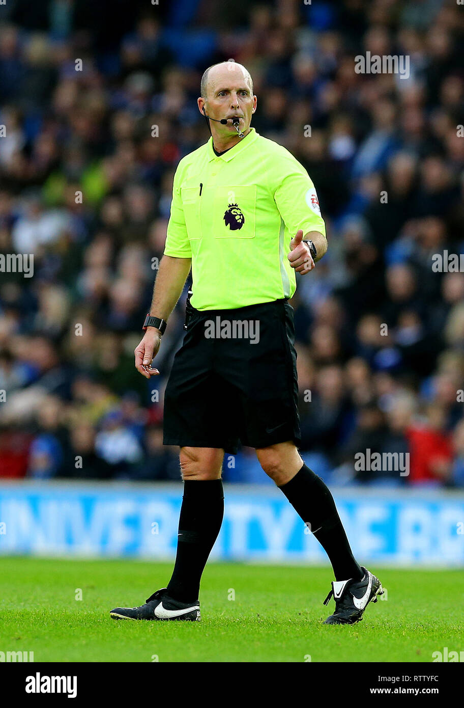 Match referee Mike Dean during the Premier League match at the AMEX ...