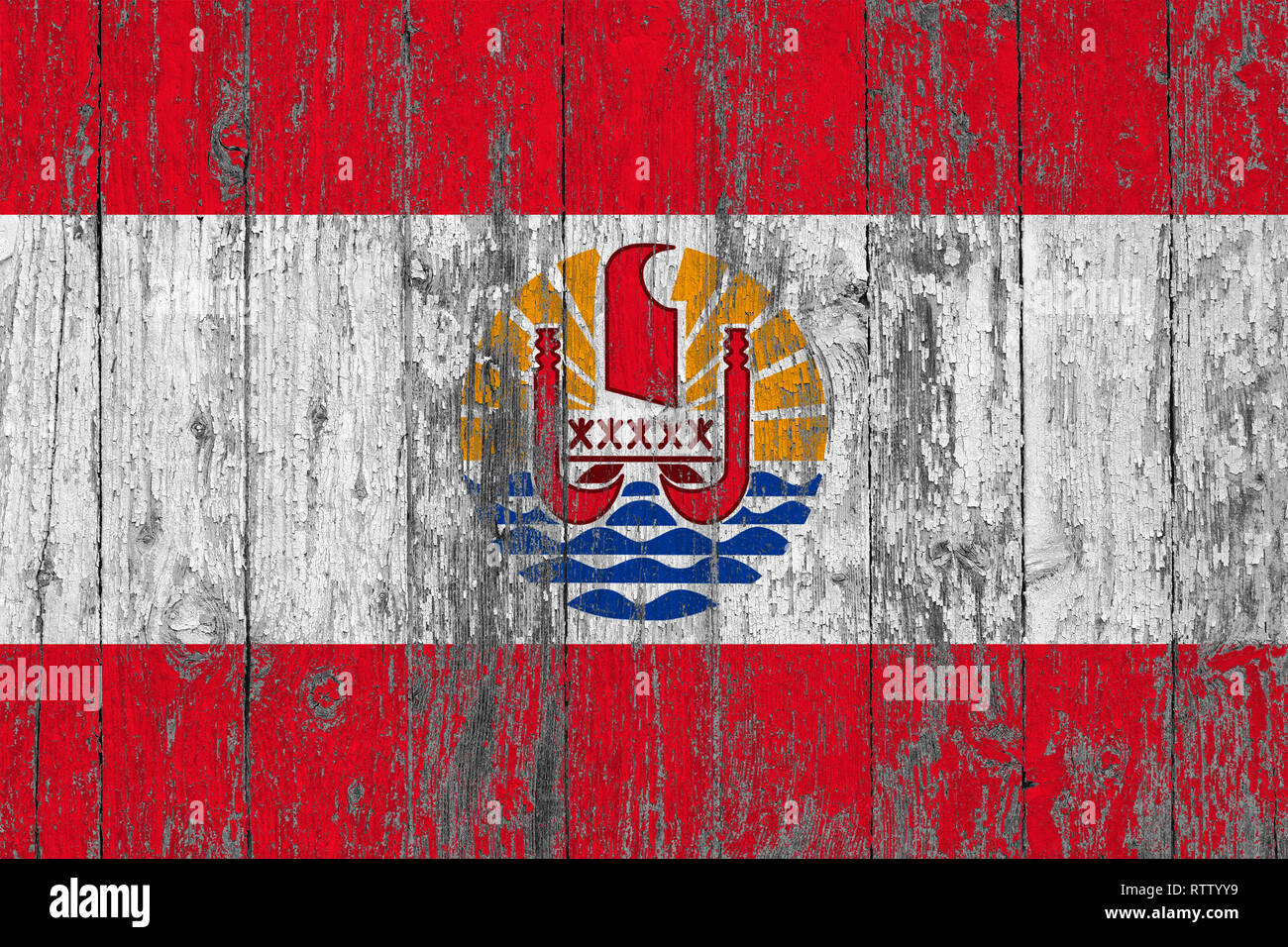 Flag of French Polynesia painted on worn out wooden texture background ...