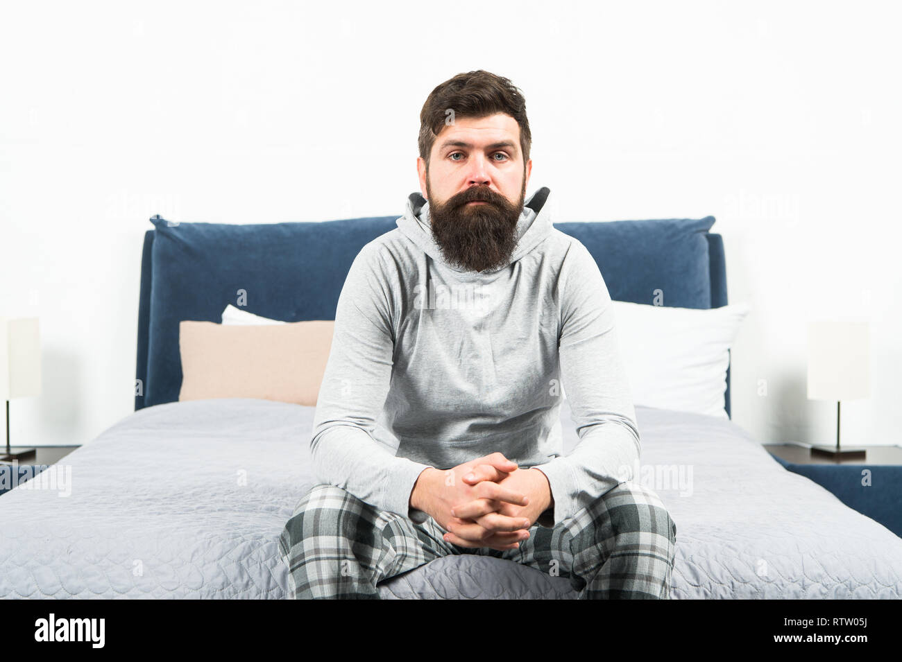 Tips for waking up early. Man bearded hipster sleepy face pajamas ...