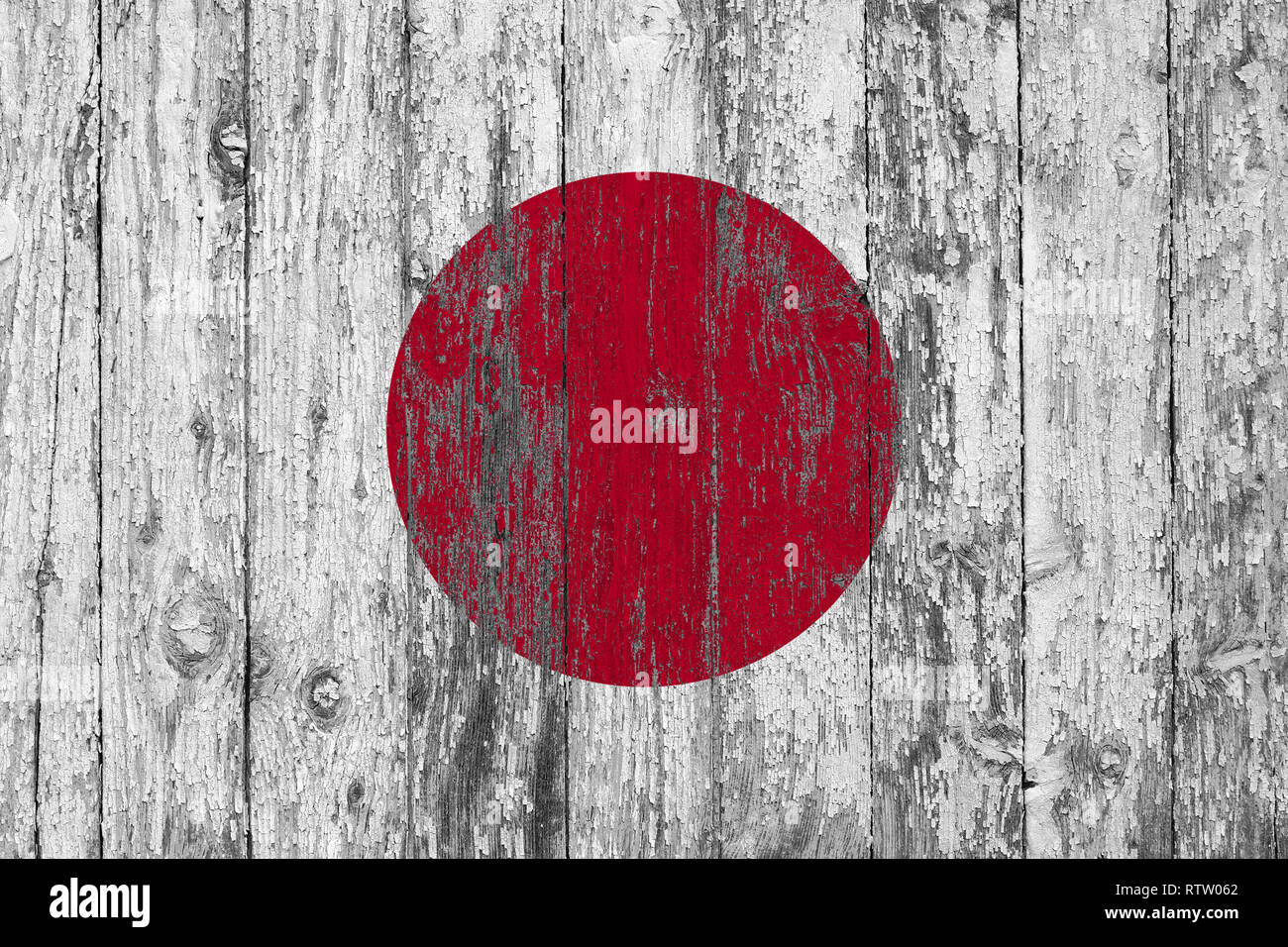 Flag of Japan painted on worn out wooden texture background Stock Photo ...
