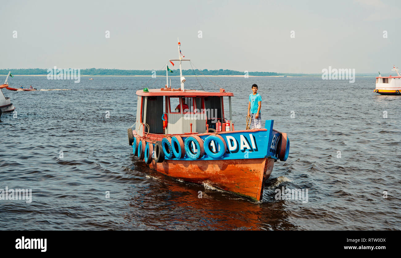 Manaus, Brazil - December 04, 2015: motor boat or small ship berth on ...