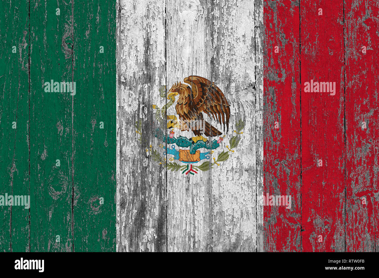 Flag of Mexico painted on worn out wooden texture background Stock ...