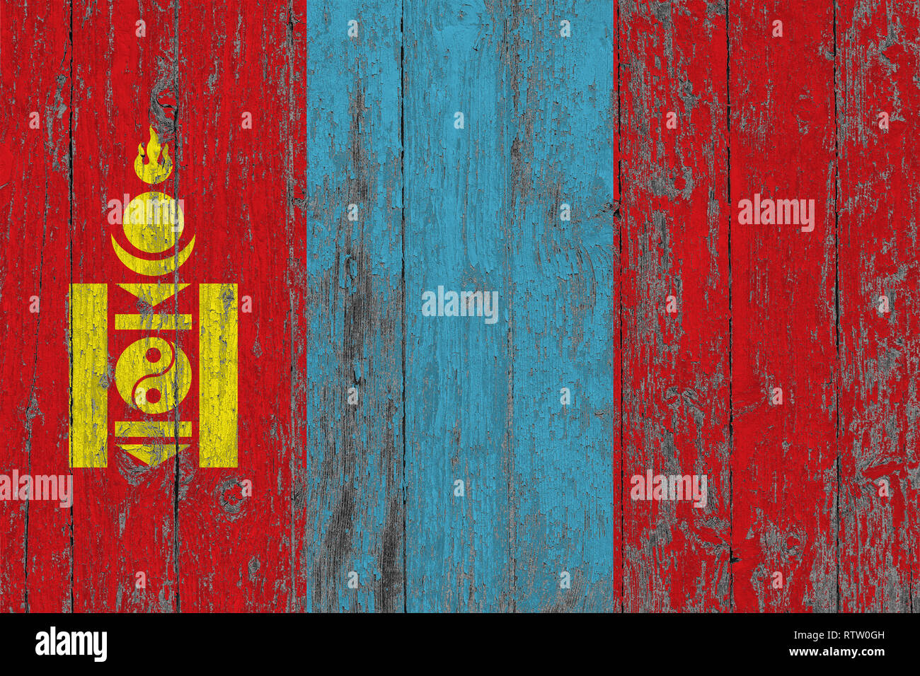 Flag of Mongolia painted on worn out wooden texture background Stock ...