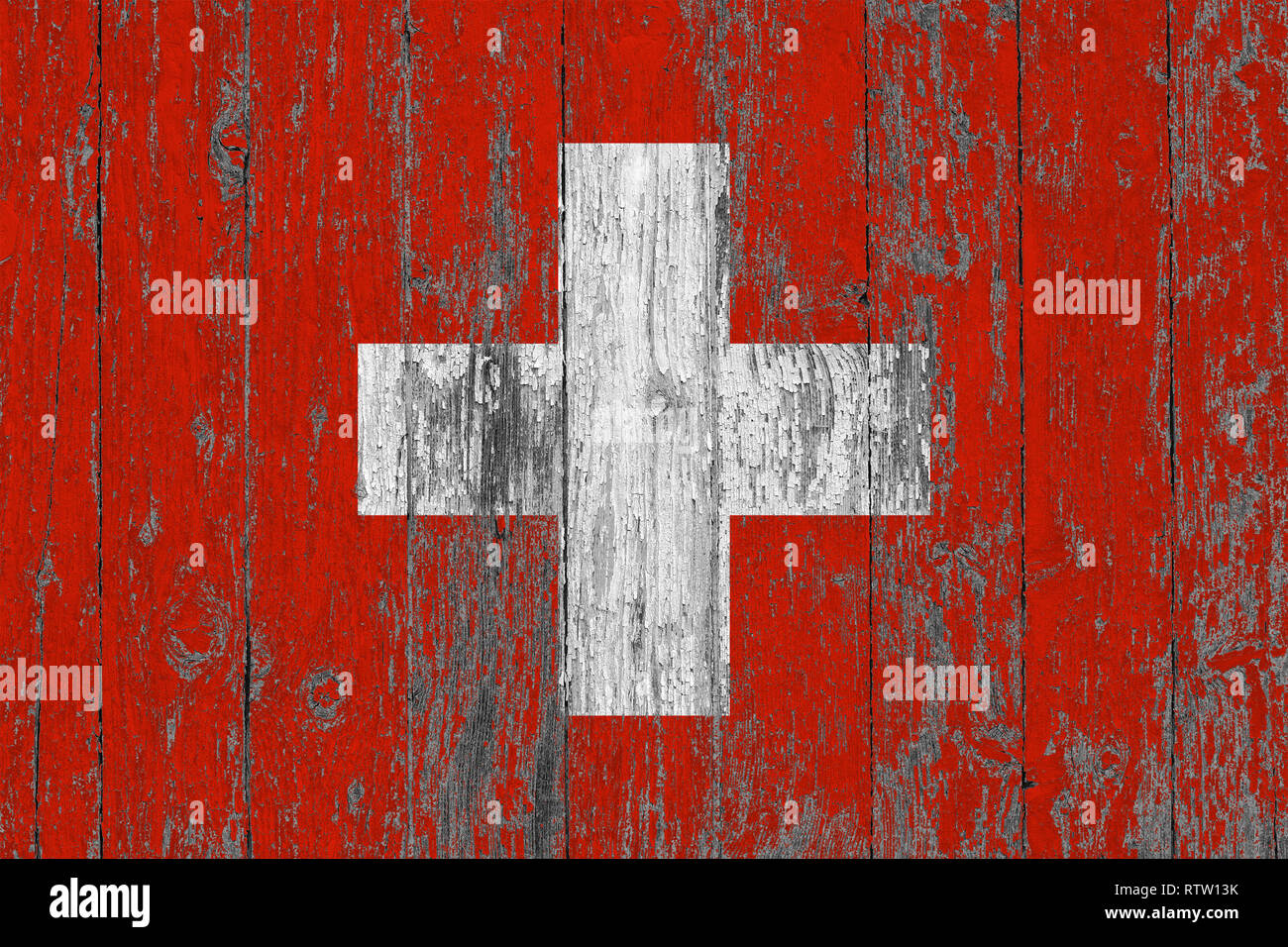 Flag of Switzerland painted on worn out wooden texture background Stock ...