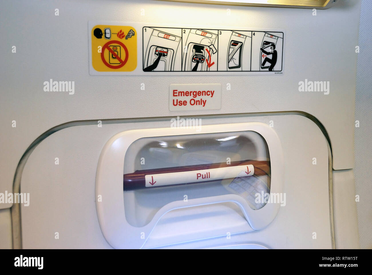 Emergency Exit with door handle in an aircraft cabin Stock Photo - Alamy