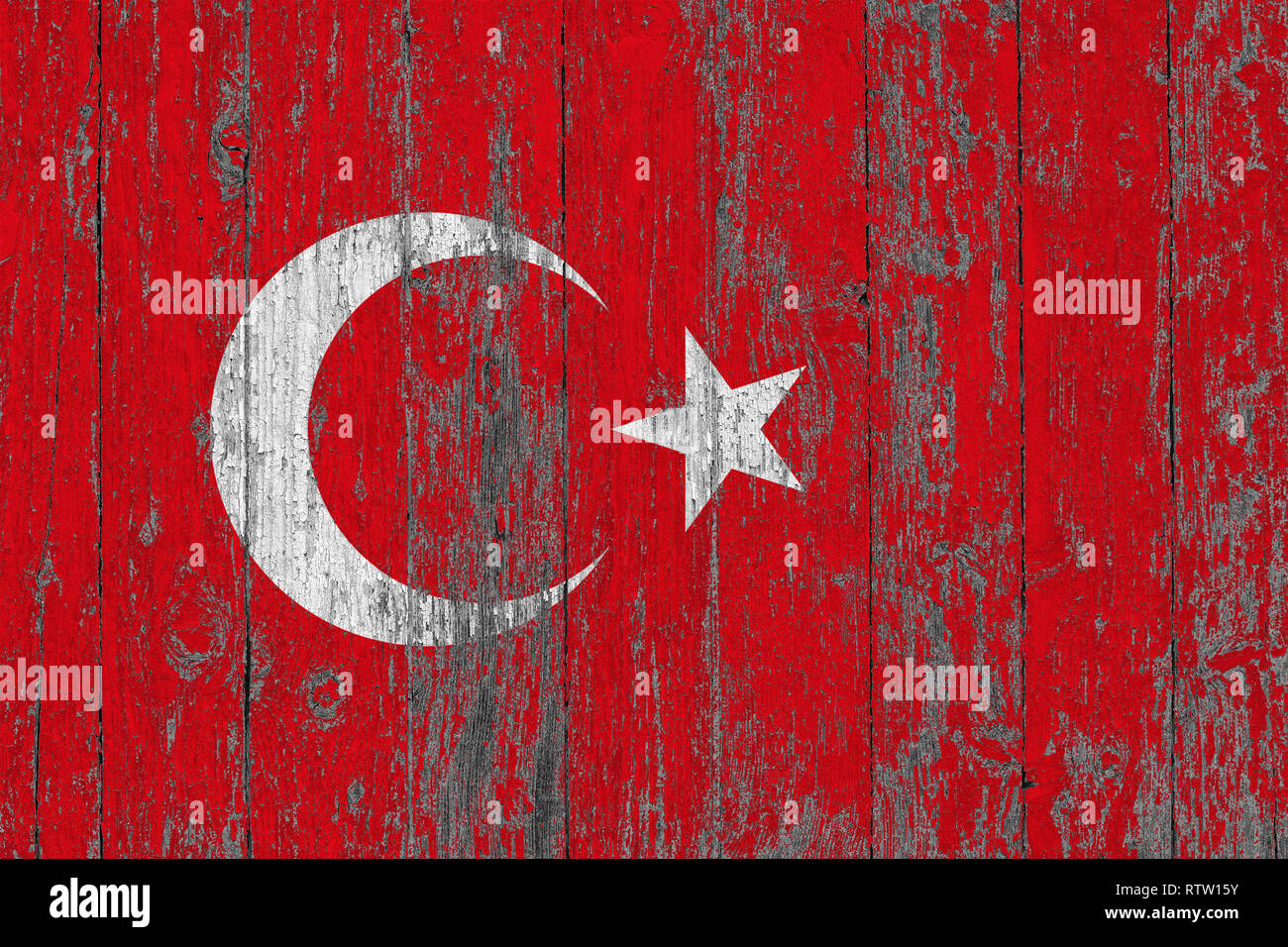 Flag of Turkey painted on worn out wooden texture background Stock ...
