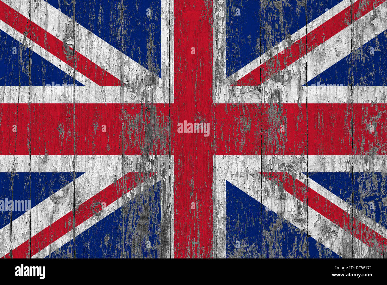 Flag of United Kingdom painted on worn out wooden texture background ...