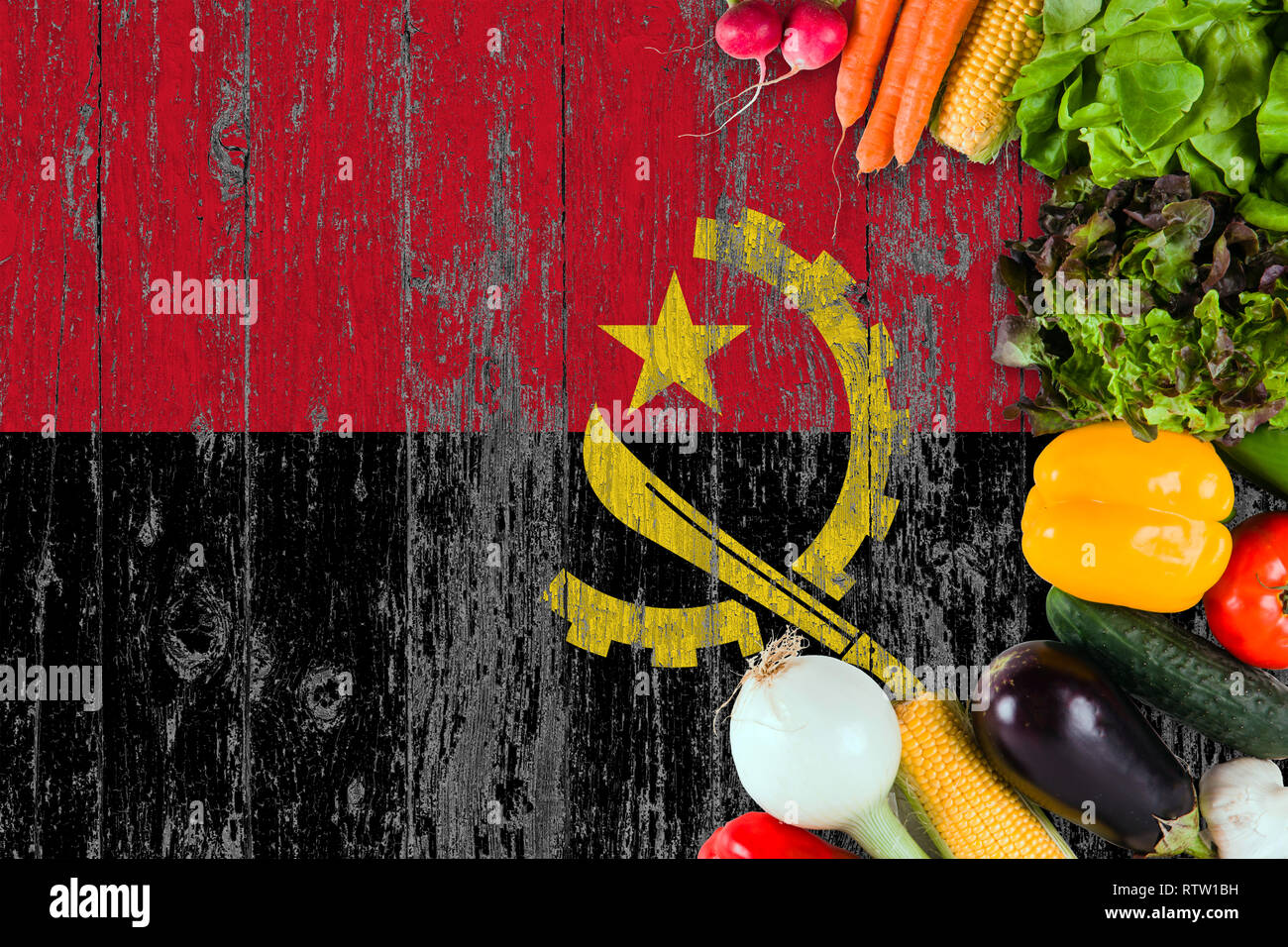 Fresh vegetables from Angola on table. Cooking concept on wooden flag ...