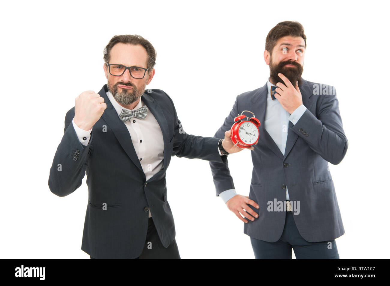 Punish for not punctuality. Business people formal clothes having ...