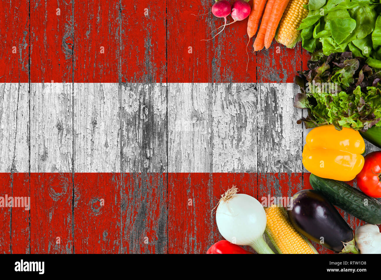 Fresh vegetables from Austria on table. Cooking concept on wooden flag ...