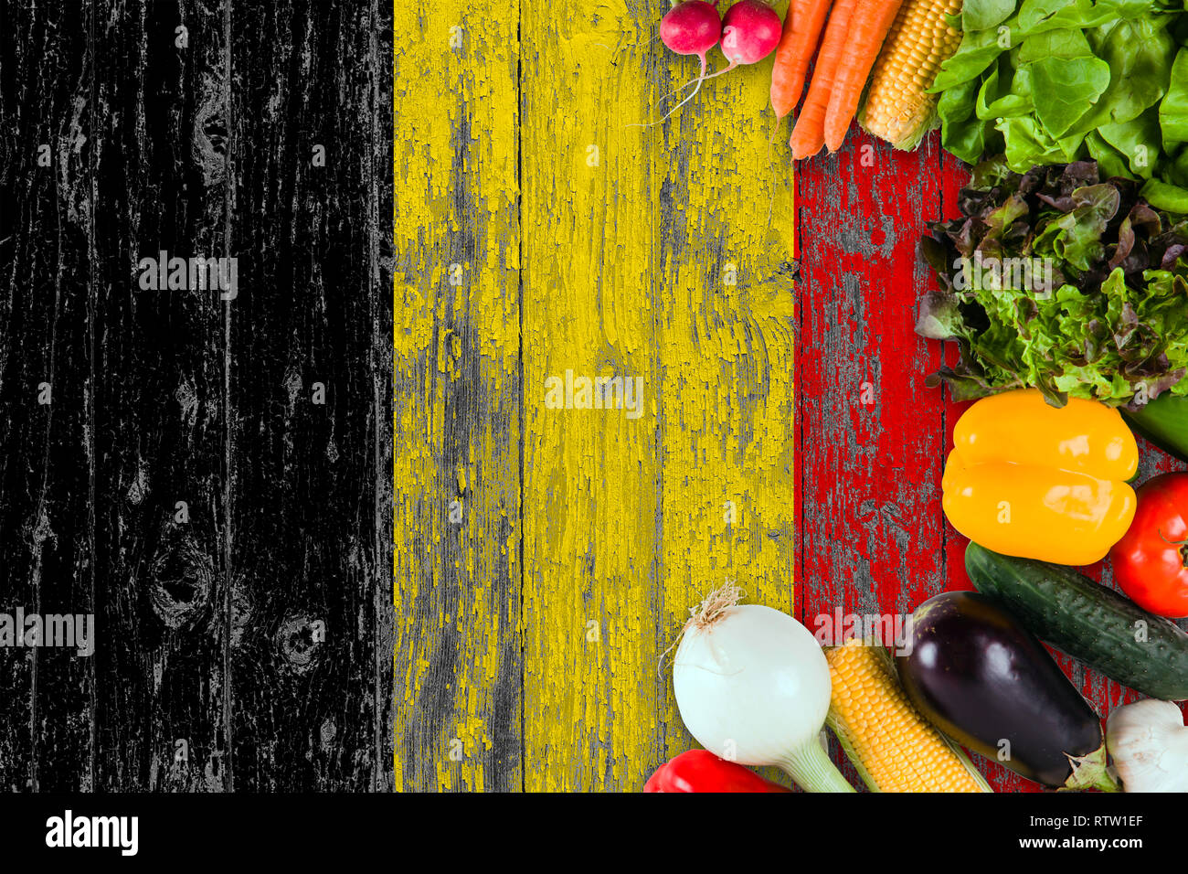 Fresh vegetables from Belgium on table. Cooking concept on wooden flag ...