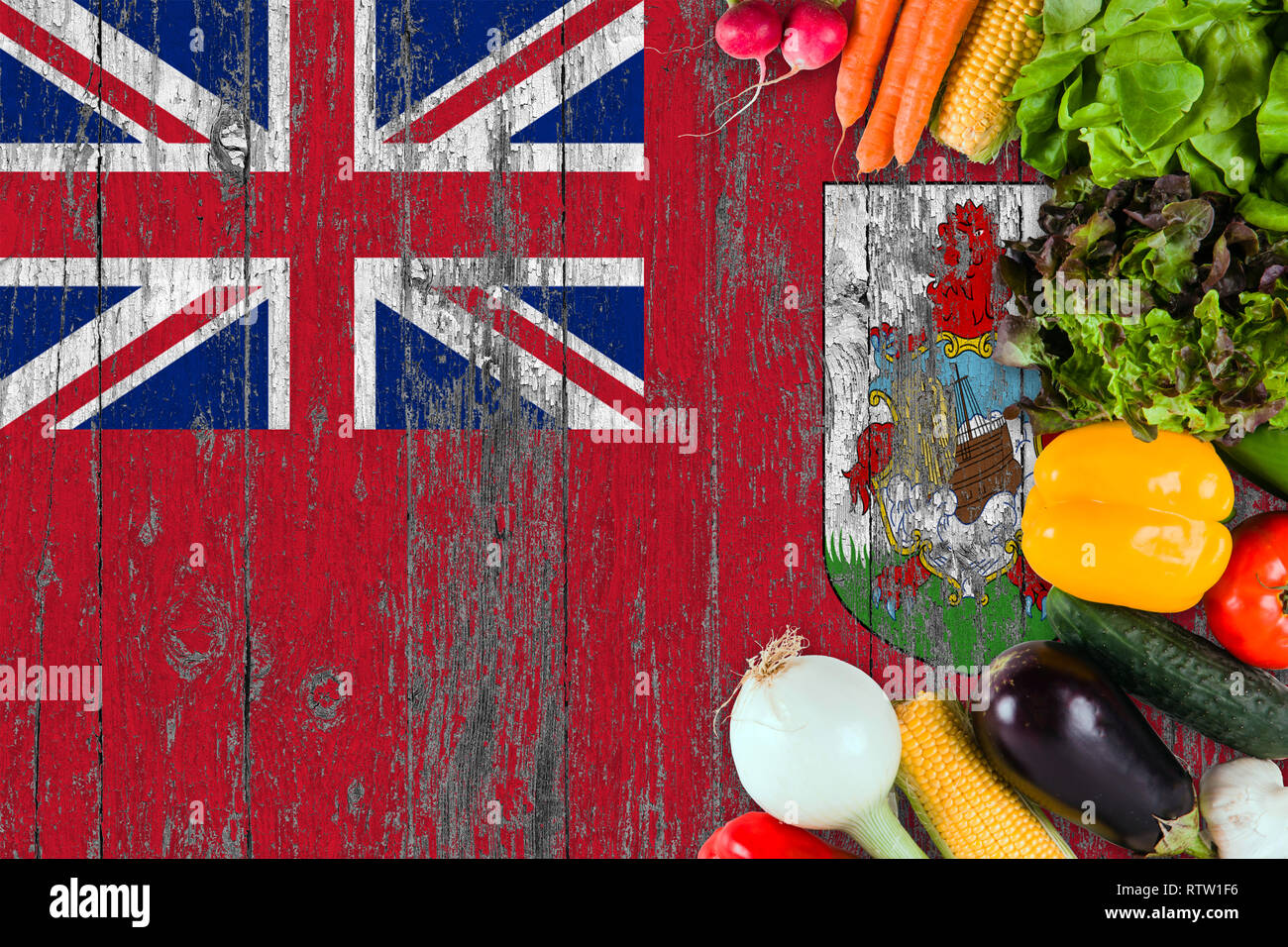 Fresh vegetables from Bermuda on table. Cooking concept on wooden flag ...
