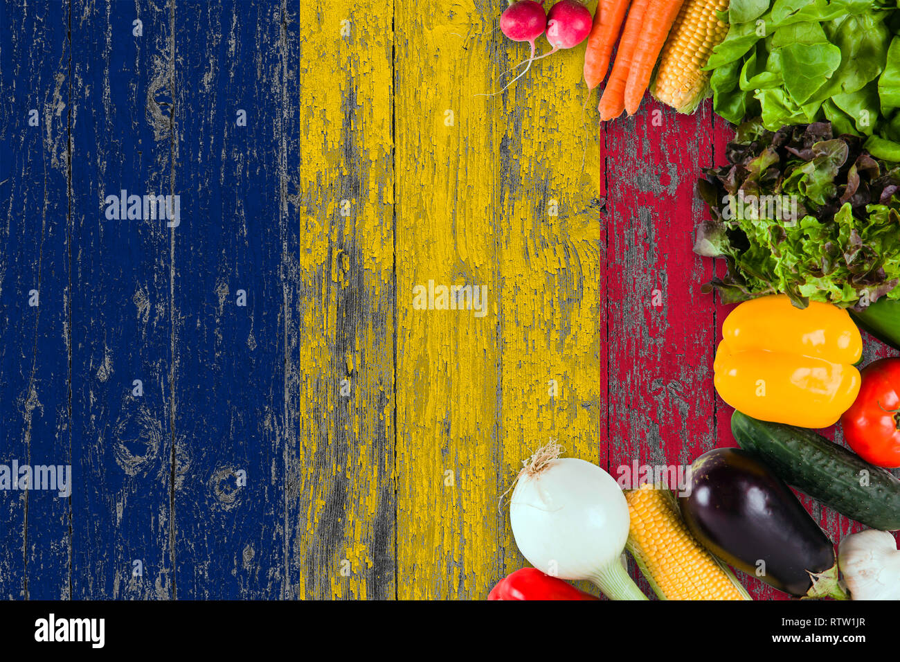 Fresh vegetables from Chad on table. Cooking concept on wooden flag ...