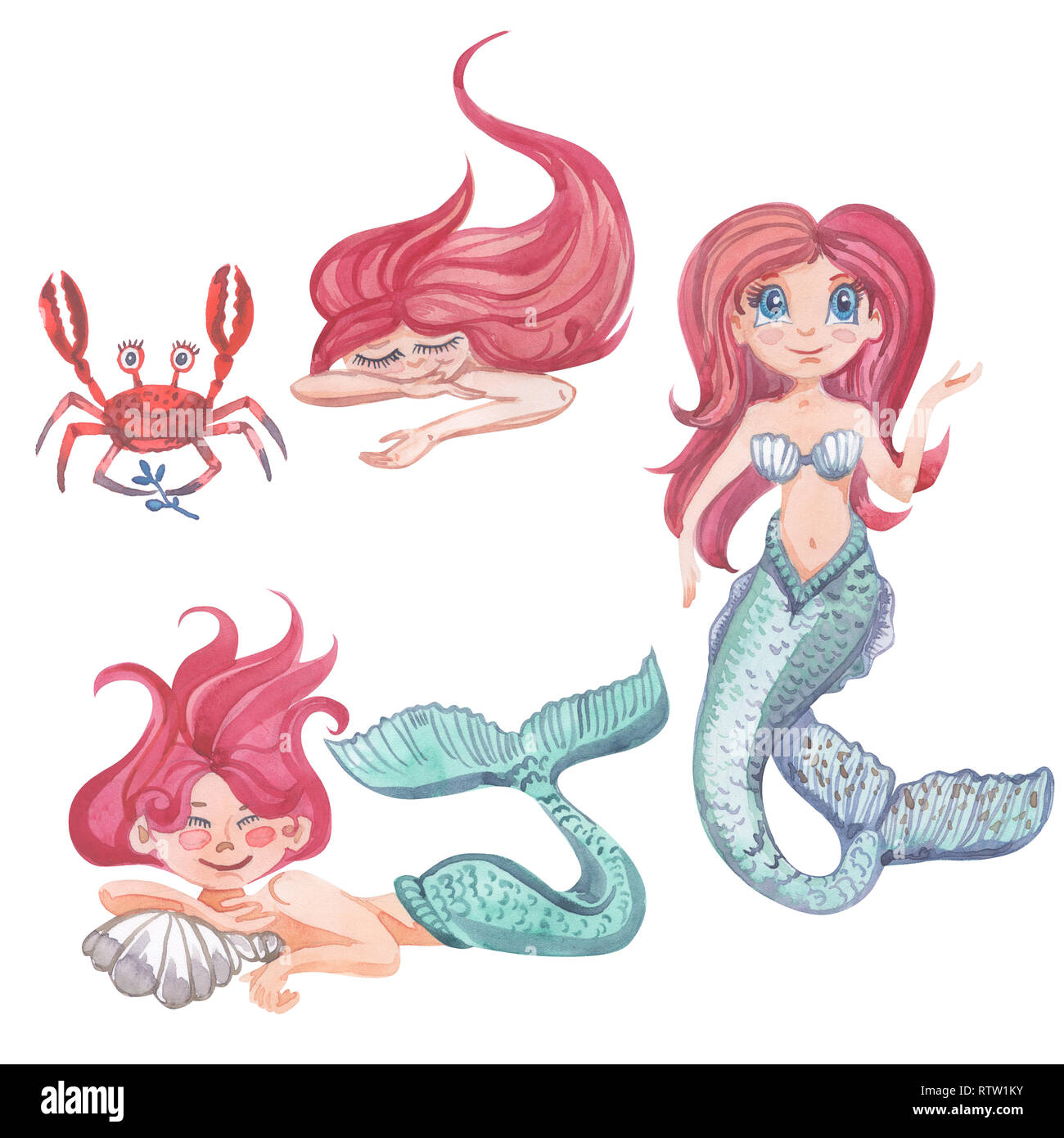 Watercolor painting with cute mermaids, crab,seashell. Cartoon ...
