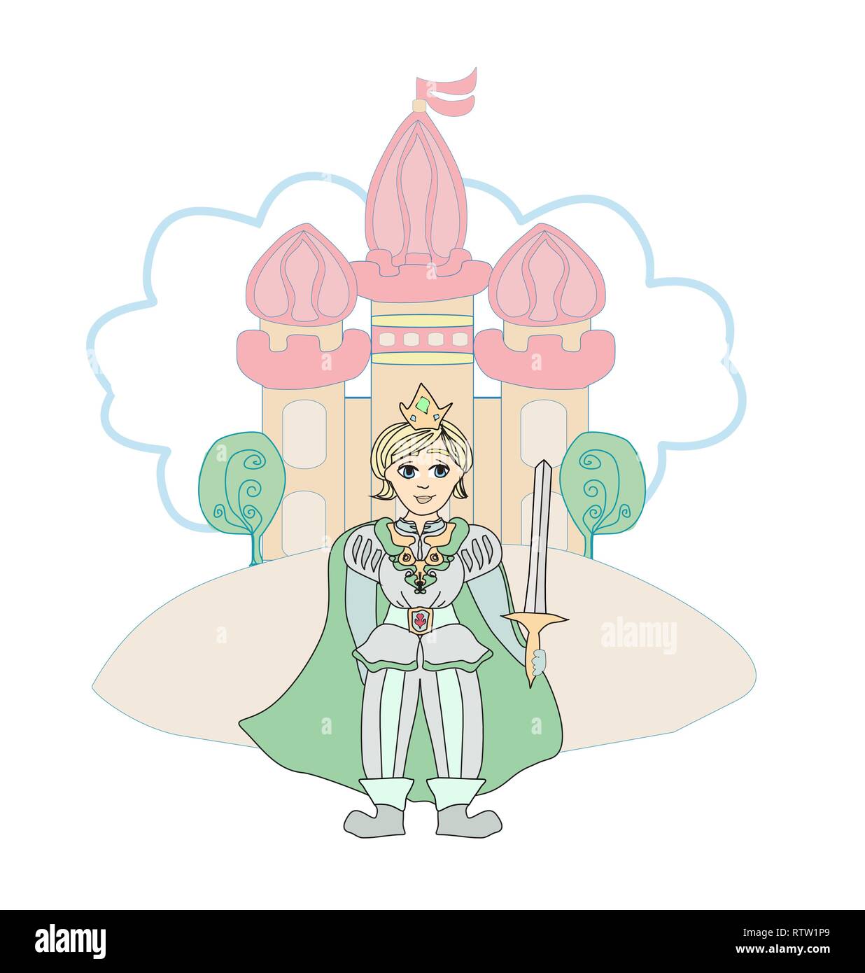 Funny cartoon prince and the beautiful castle of the princess Stock ...