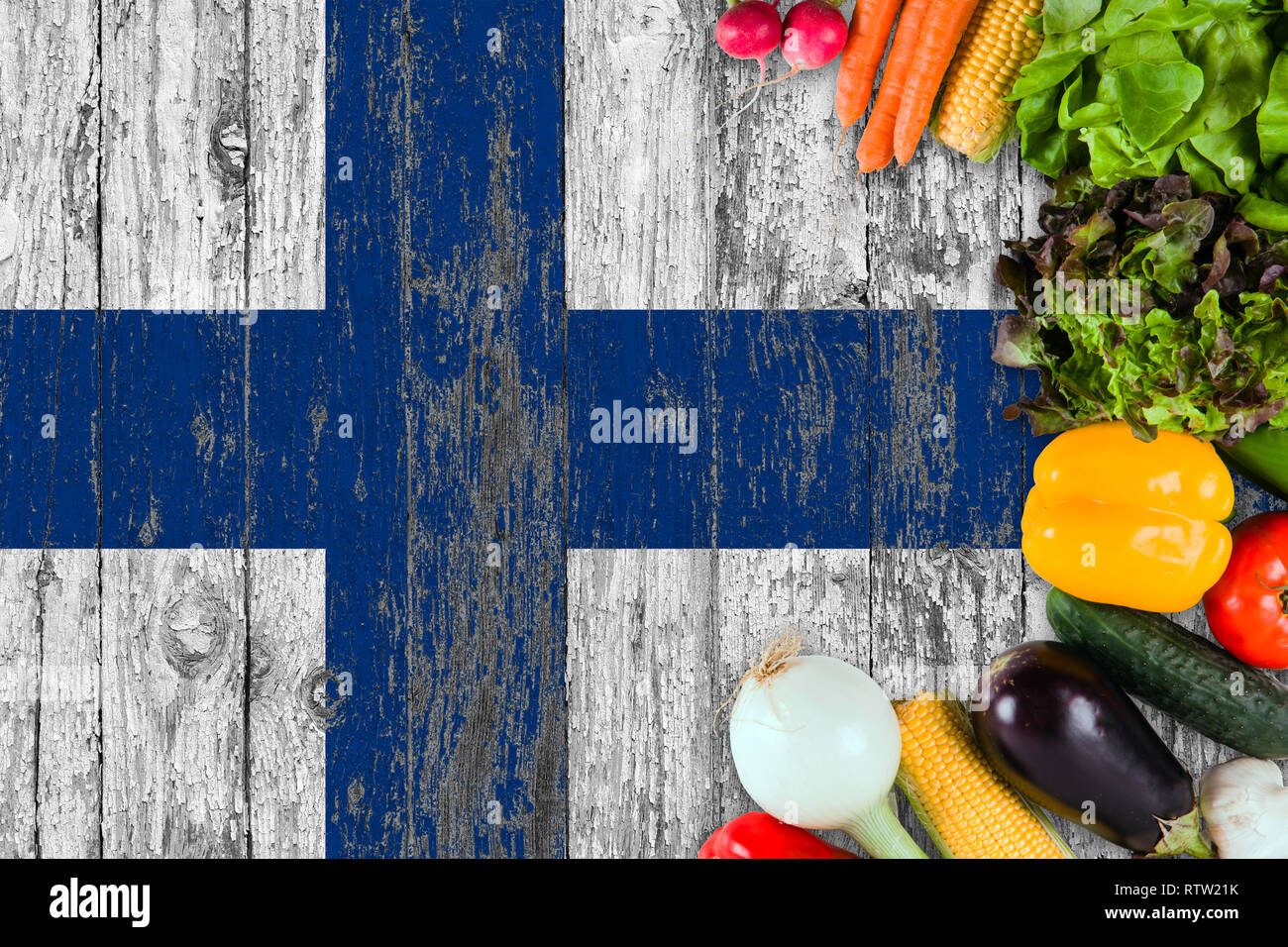 Fresh vegetables from Finland on table. Cooking concept on wooden flag ...