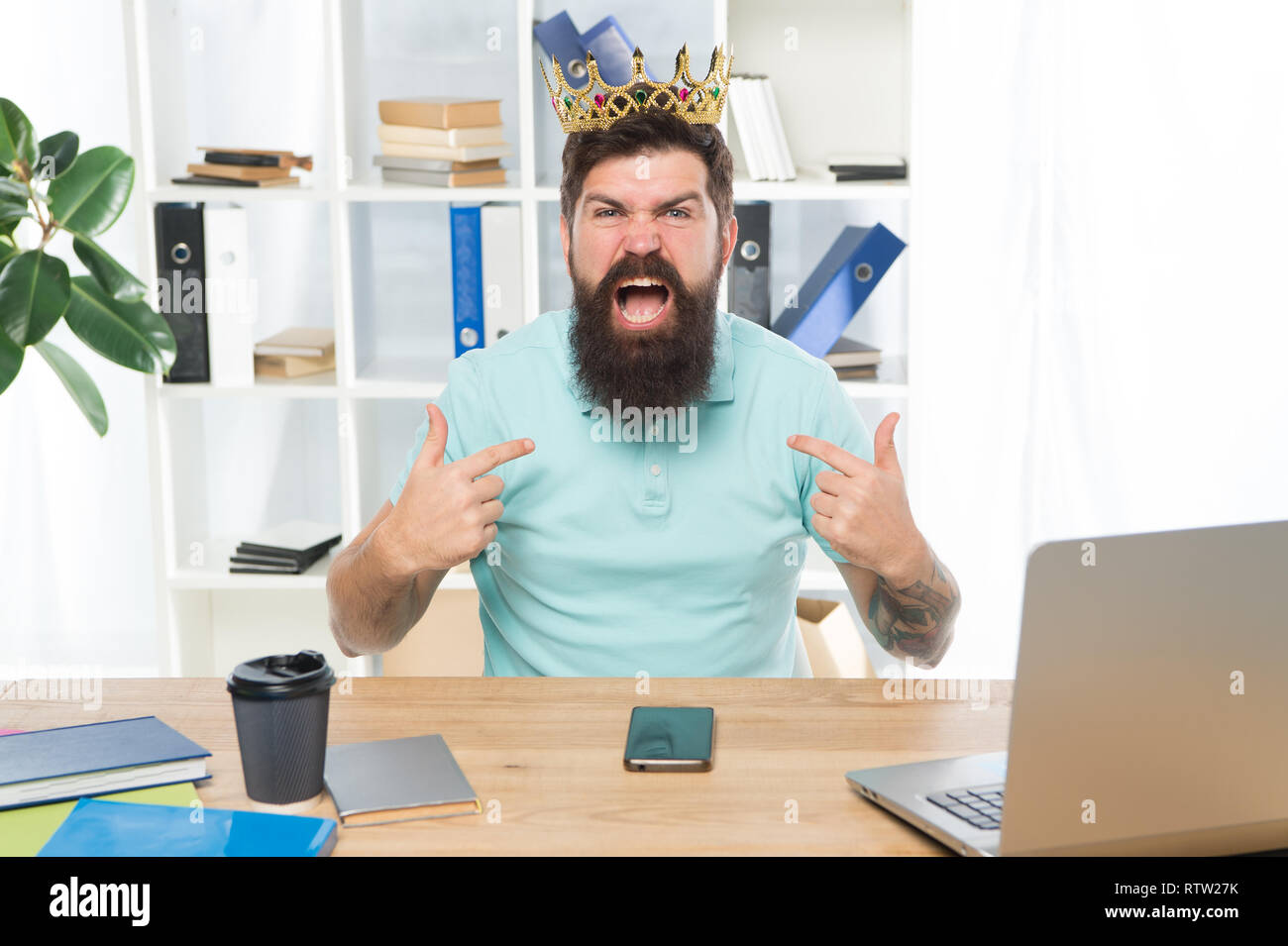 Respect me. Man arrogant rude boss with golden crown sit in office ...