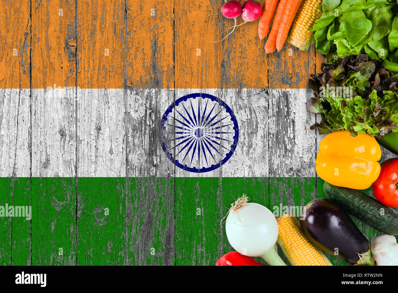 Fresh vegetables from India on table. Cooking concept on wooden flag ...