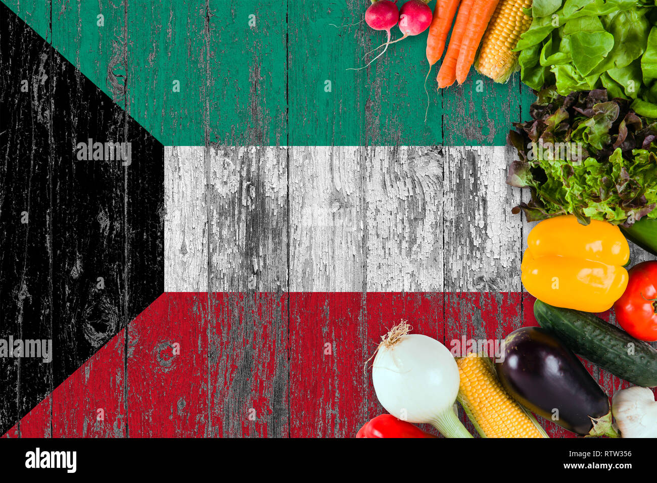Fresh vegetables from Kuwait on table. Cooking concept on wooden flag ...