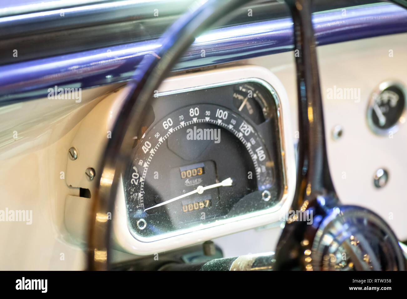 The analog Speedometer on the dashboard of a vintage Old Car Stock ...