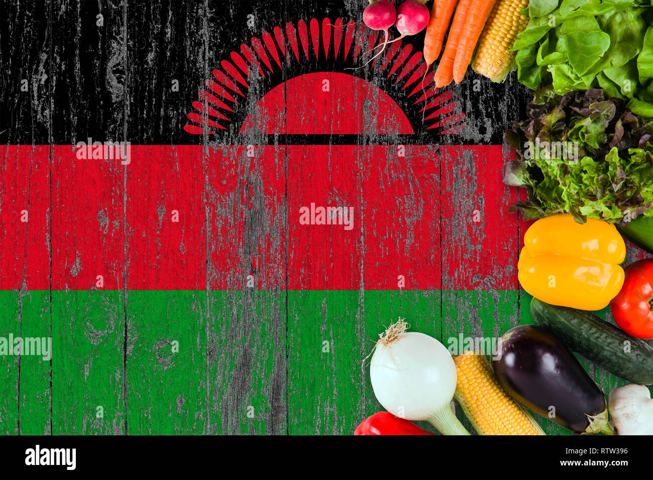 Fresh vegetables from Malawi on table. Cooking concept on wooden flag ...