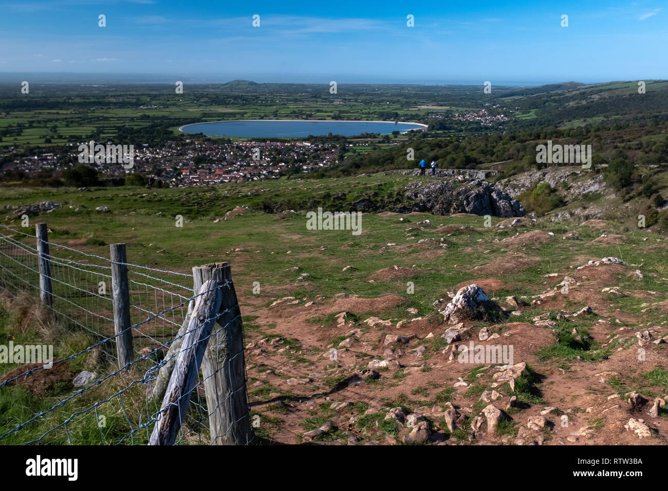 The view from the top of the Cheddar Gorge looking across the town of ...