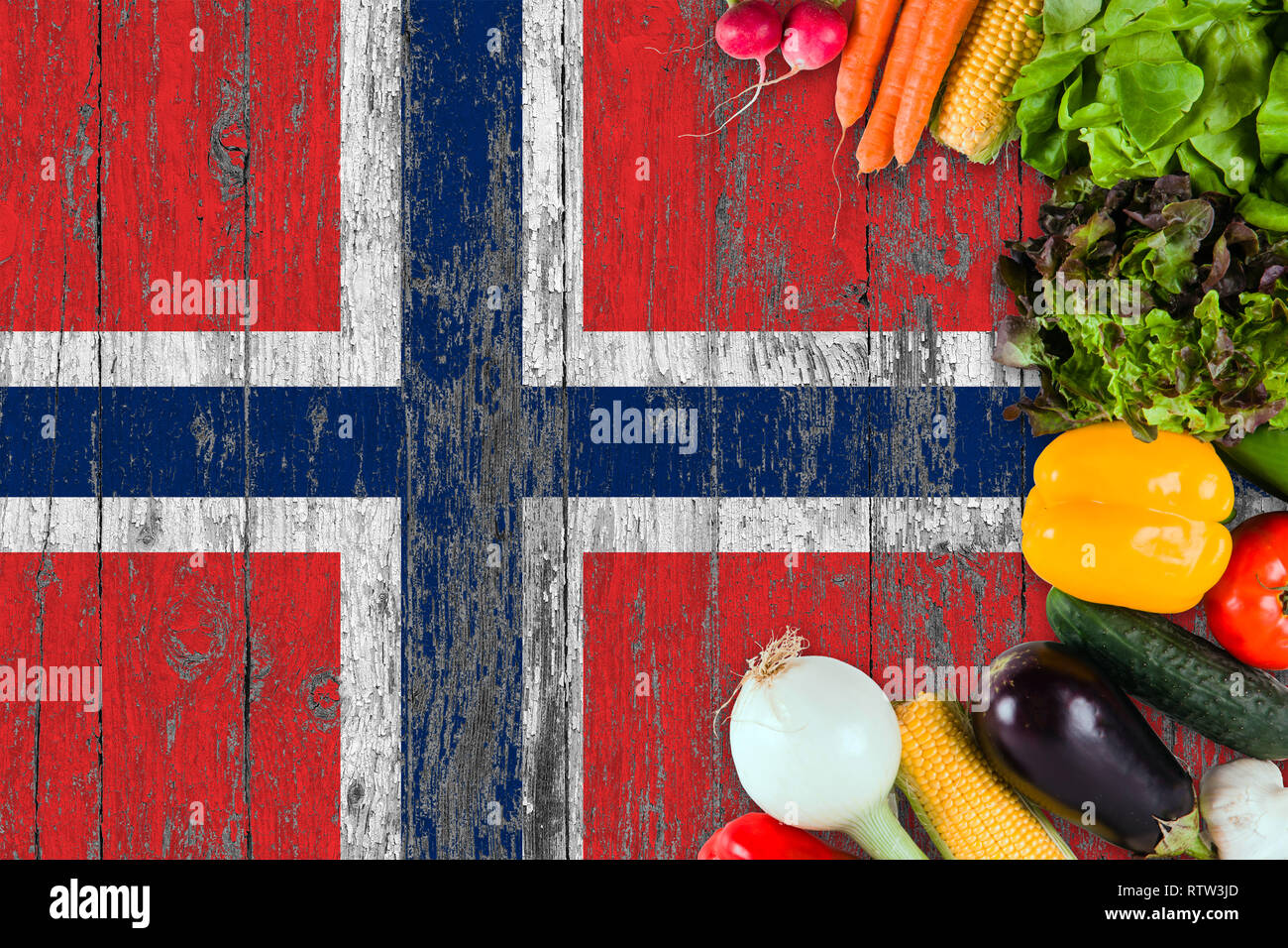 Fresh vegetables from Norway on table. Cooking concept on wooden flag ...