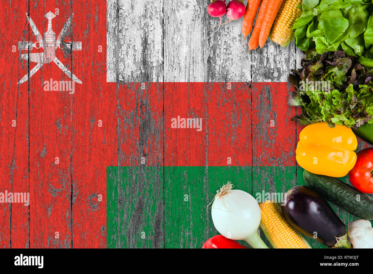 Fresh vegetables from Oman on table. Cooking concept on wooden flag ...