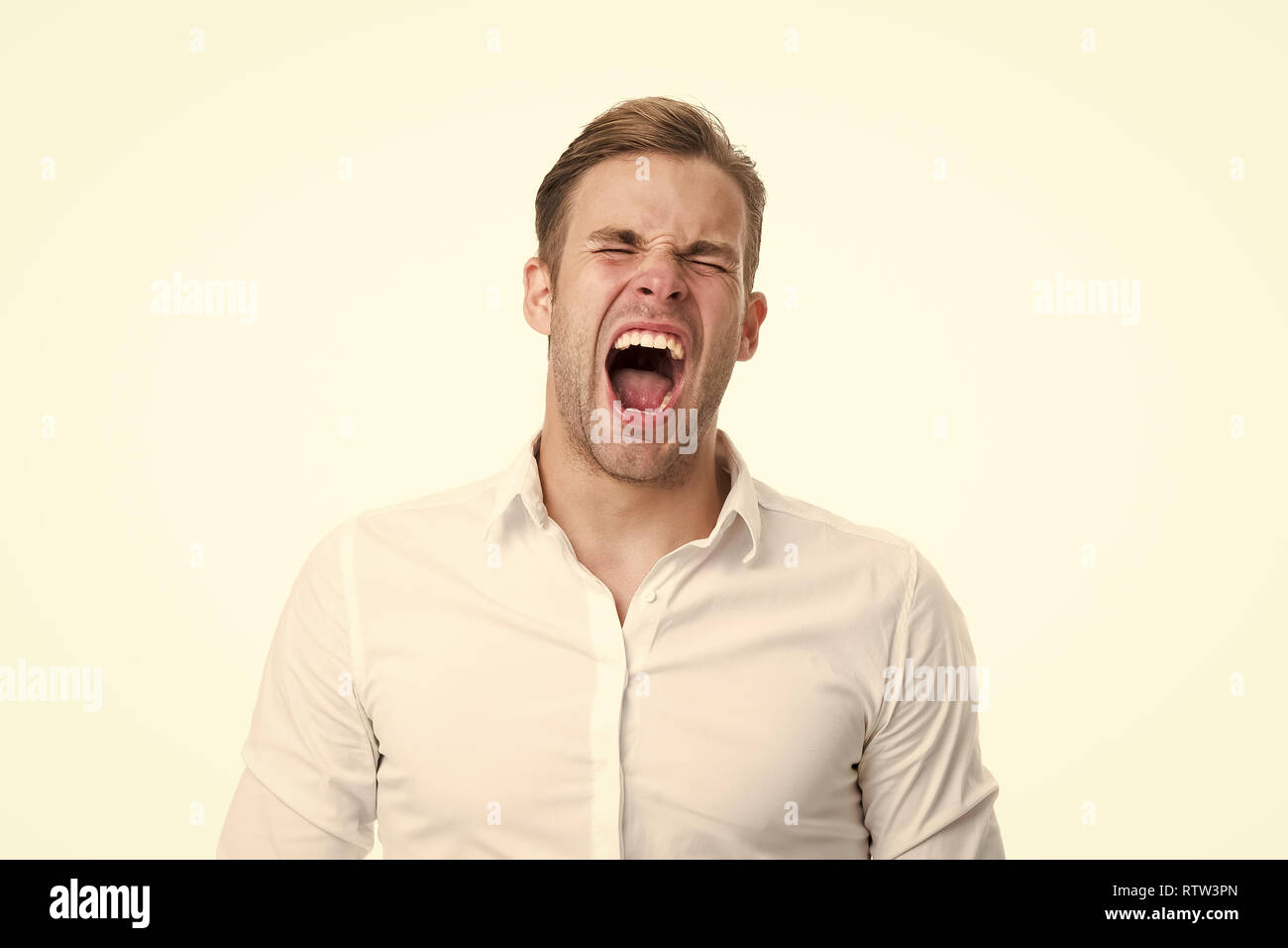 Emotional explosion. Man shouting face formal shirt white background ...