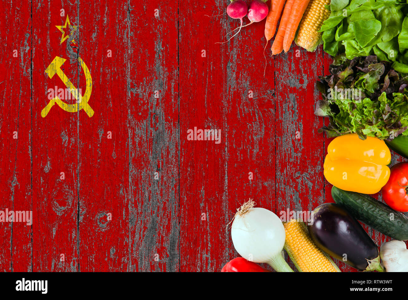 Fresh vegetables from Soviet Union on table. Cooking concept on wooden ...