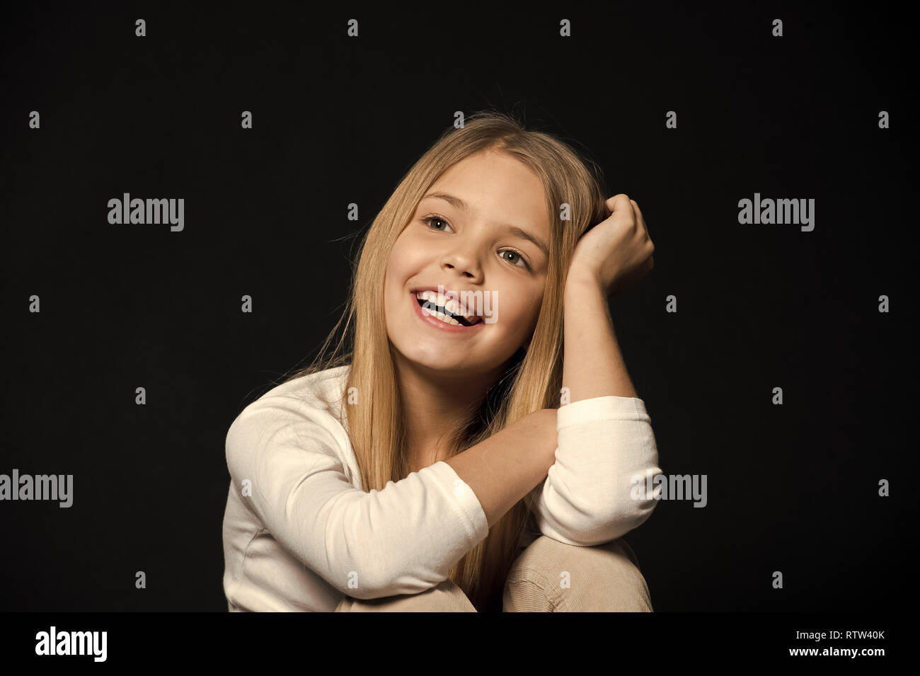 Dreamy mood. Girl long hair cute smiling dreamy face relaxing, black ...