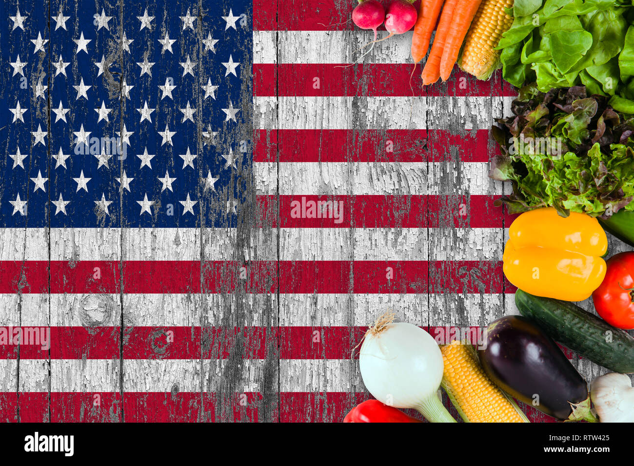 Fresh vegetables from United States on table. Cooking concept on wooden ...